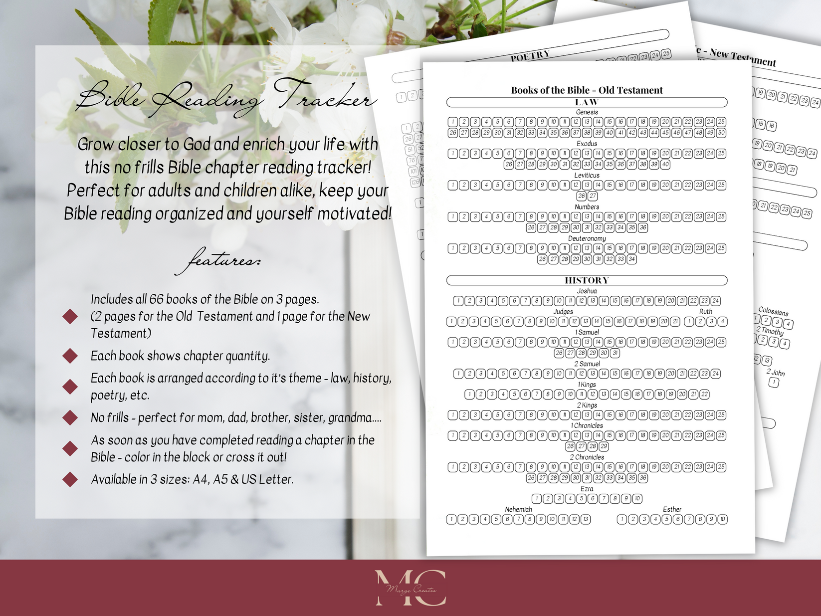 Marge Creates - Bible Reading Tracker, Bible Reading Chapter Tracker