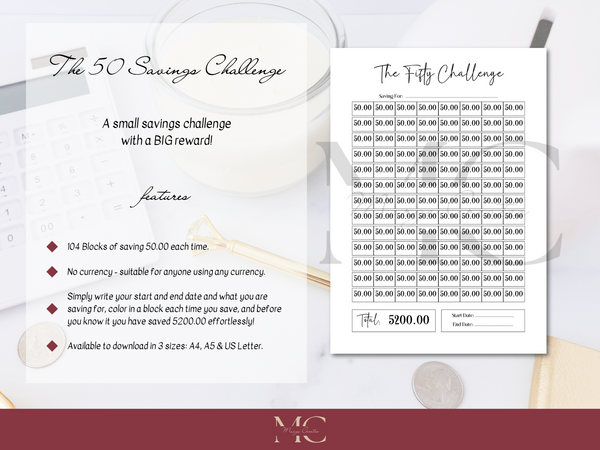 Marge Creates - The 50 Challenge Savings Tracker
